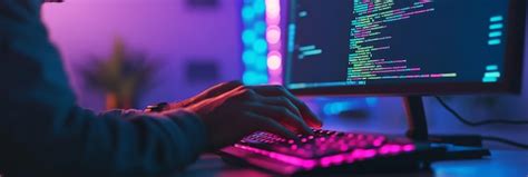 A Software Developer Working In A Neonlit Room Typing On A Mechanical