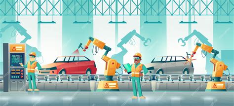Concepto De Dibujos Animados De La Fábrica De Coches Robotizados