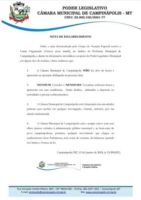 Nota De Esclarecimento C Mara Municipal De Campin Polis