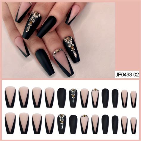 24pcs Long Luxury Rhinestone Fake Nails Black French Tips Press On