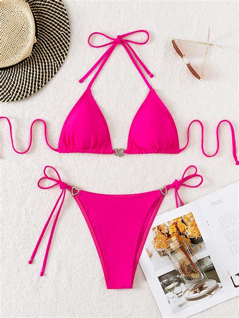 Rhinestone Heart Decor Bikini Set Halter Triangle Bra And Thong Bottom 2