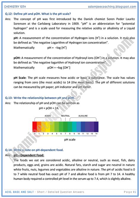 Adamjee Coaching Acid Base And Salt Short And Detailed Question Answers Chemistry 10th