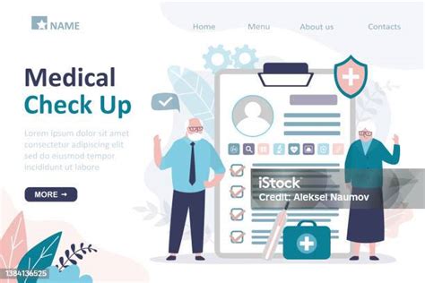 의료 검진 방문 페이지 템플릿 노인 부부는 완전한 건강 검진을 받았습니다 검사 결과 및 환자 분석에 대한 데이터로 보고합니다 헬스케어 개념 가득 찬에 대한 스톡 벡터 아트
