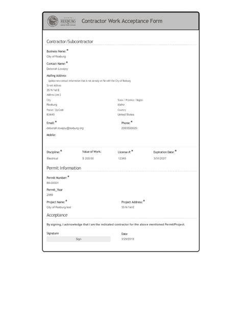 Fillable Online Contractor Work Acceptance Form Fax Email Print Pdffiller