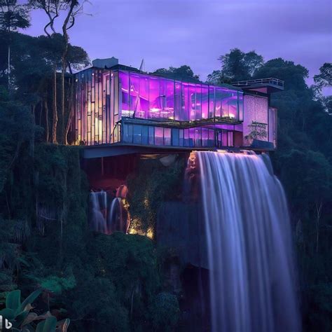 Premium Ai Image Modern Glass Houses Built On Top Of A Waterfall With