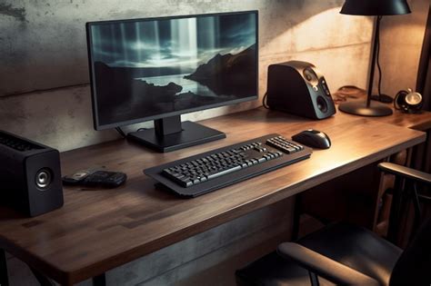 Premium Ai Image Modern Desk With Computer Monitor Keyboard