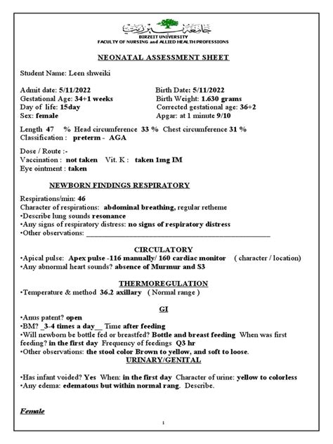 Neonatal Assessment Form Pdf Infants Hand