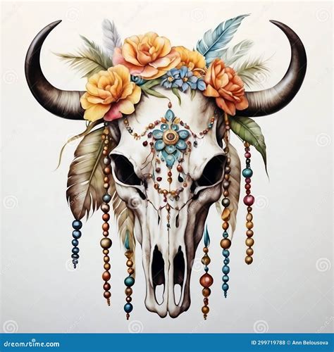 Watercolor Skull Of A Cow Bull Decorated With Flowers And Feathers