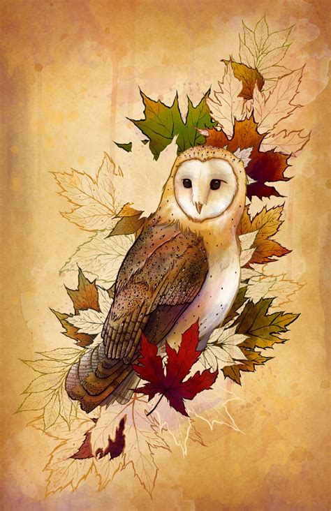 Autumn Barn Owl Fall Leaves Custom Illustration Giclée Print