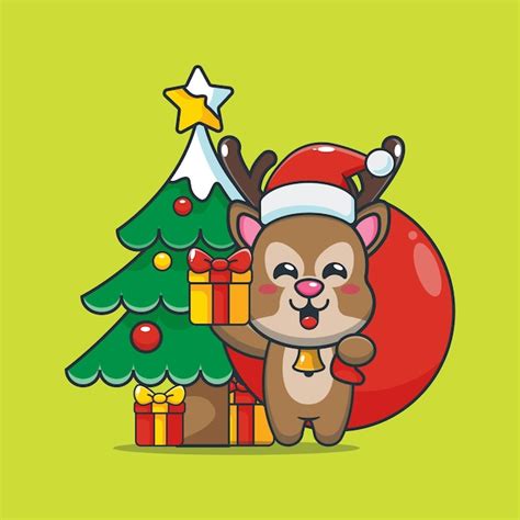 Veado Fofo Carregando Caixa De Presente De Natal Com Bolsa De Papai