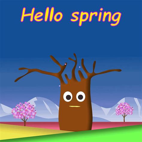Hello Spring Cartoon Trees