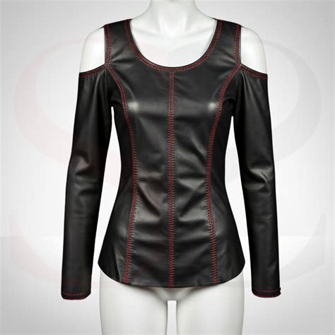 Red Stitch Crop Top Off Shoulder Long Sleeve Stylish Leather Top