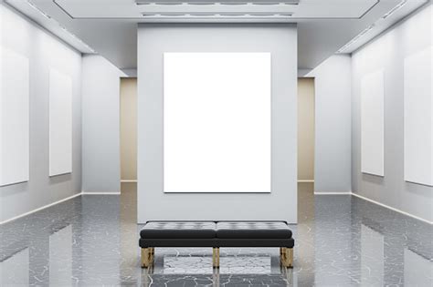 현대 미술관의 빈 수직 캔버스 모형은 대리석 바닥 검은 색 벤치 및 현대 디자인 프레젠테이션을위한 부드러운 조명으로 구성되어 있습니다 3d 렌더링 0명에 대한 스톡 사진 및