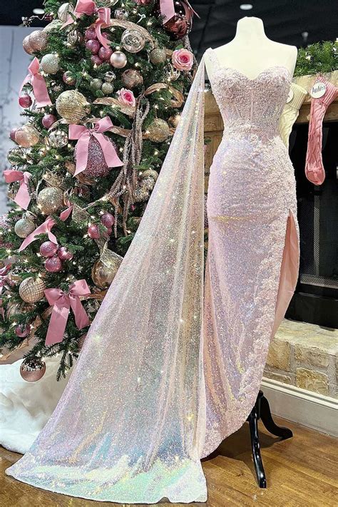 Pink Sequin Lace Sweetheart High Low Prom Dress With Attached Train