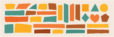 종이 찢어진 모양과 와시 테이프 콜라주 조각 셀로테이프 스카치와 컬러 컷아웃 스트립은 질감이 있습니다 공예 종이 조각 벡터 요소 창조적 인 스크랩북 컬렉션 흰색 배경에 고립