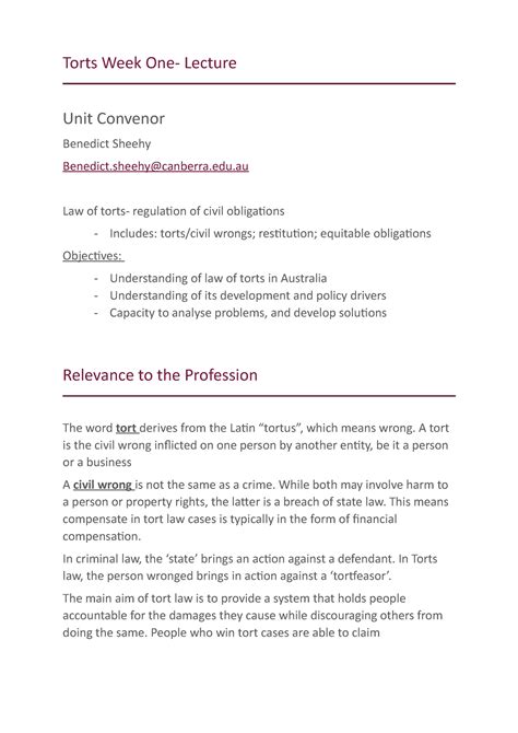 Torts Week 1 Lecture Torts Week One Lecture Unit Convenor Benedict