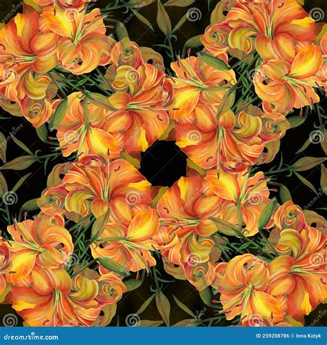 Seamless Pattern Flowers Buds And Leaves Of A Yellow Lily Watercolor