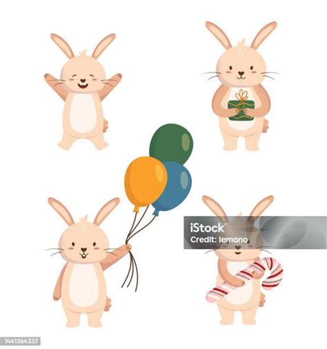 귀여운 크리스마스 토끼는 포장된 선물 상자 풍선 뭉치 사탕 지팡이 점프를 들고 있습니다 만화 재미 있은 아기 토끼 캐릭터 0명에