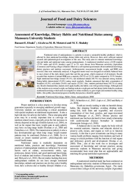 Pdf Assessment Of Knowledge Dietary Habits And Nutritional Status