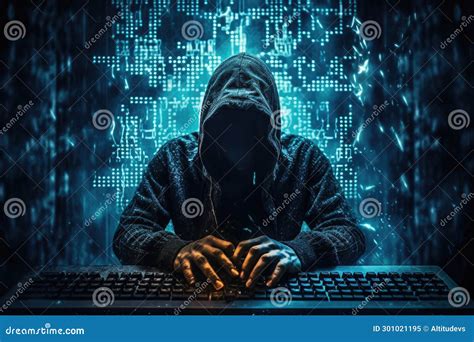 Hooded Figure Typing At A Keyboard With Binary Code On The Screen Stock