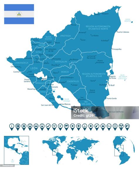 ニカラグア 都市地域世界地図と地球上の位置と詳細な青い国の地図インフォグラフィックアイコン マナグアのベクターアート素材や画像を多数ご用意