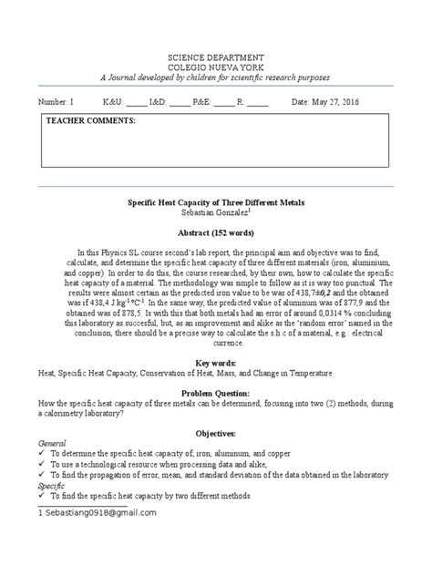 Ib Physics Sl Lab Report Specific Heat Capacity Pdf Heat