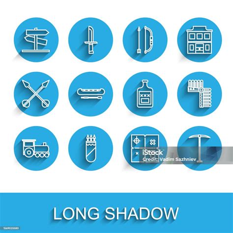 세트 라인 레트로 기차 화살표가 있는 화살통 도로 교통 표지판 보물 지도 곡괭이 카약 또는 카누와 패들 인도 머리 장식 깃털 및 위스키 병 아이콘 벡터 개척시대의 서부에