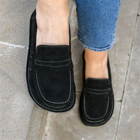 Womens Black Suede Barefoot Penny Loafers Ruby Barefoot Shoes
