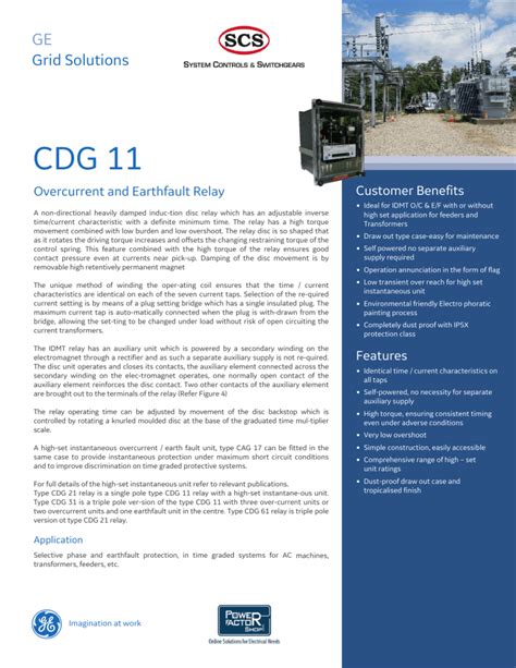 Cdg 11 Overcurrent And Earthfault Relay Brochure