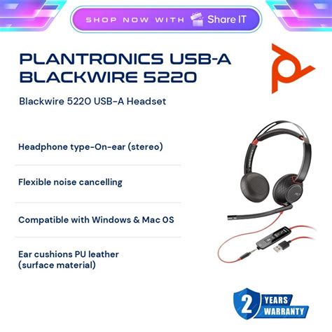 Plantronics Blackwire 5220 Usb A Headset Noise Cancelling 20hz To 20khz