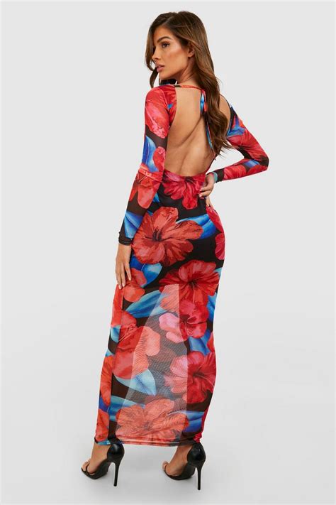 Floral Mesh Low Back Maxi Dress Boohoo