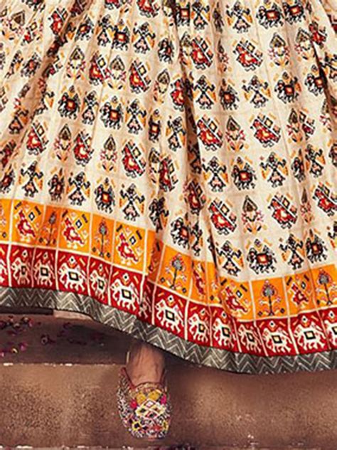 Cream Cotton Multicolor Satin Digital Print Navratri Lehenga Choli With