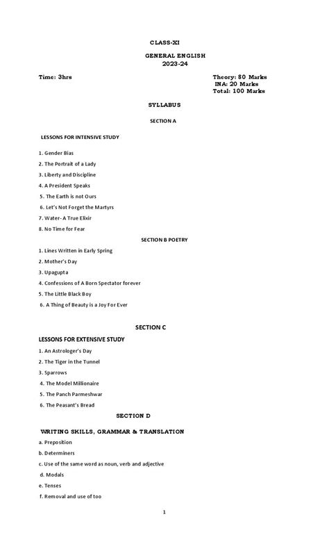 Pseb Class 11th English General Syllabus 2024 Pdf