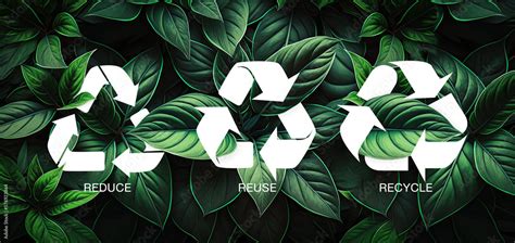Reduce Reuse Recycle Icon Symbol On Leaf With Close Up Green Nature Background Ecological