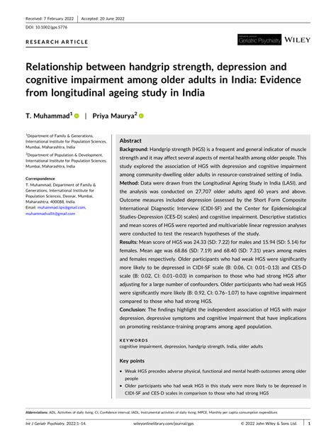 Pdf Relationship Between Handgrip Strength Depression And Cognitive