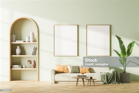 현대적인 인테리어 배경의 두 개의 모의 포스터 프레임 소파가있는 거실 책 선반 및 식물 3d 렌더링 0명에 대한 스톡 사진 및 기타 이미지 Istock
