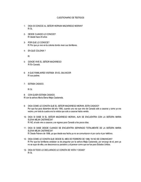 Modelo De Cuestionario De Testigos Para Un Caso De Divorcio CUESTIONARIO DE TESTIGOS DIGA