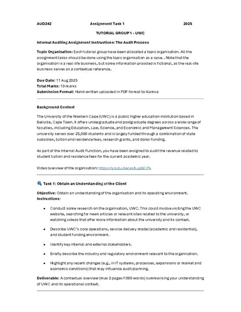 Aud242 Internal Auditing Assignment Task 1 Uwc Overview 2025 Studocu