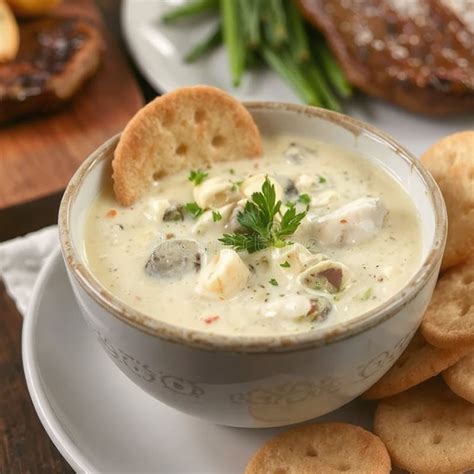 Cup Of Chowder With A Steak Dinner In The Background Stock Image