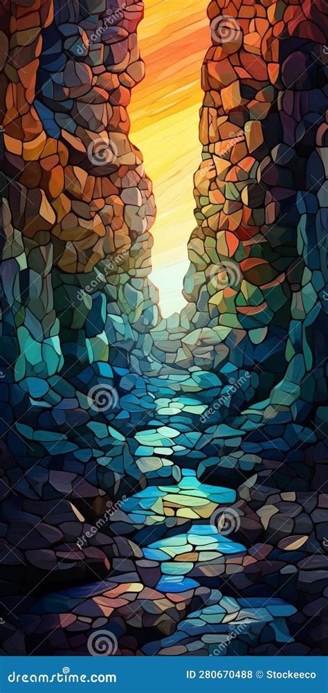 Mountain Road Leading To Rock Stream Stained Glass Cartoon Abstraction