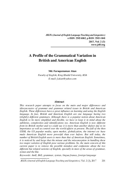 Pdf A Profile Of The Grammatical Variation In British And American