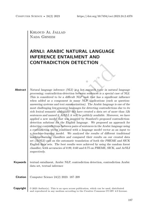 Pdf Arnli Arabic Natural Language Inference Entailment And Contradiction Detection