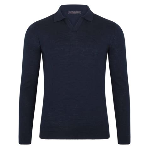 Mens Ultra Fine Merino Pedro Buttonless Polo Shirt Navy Paul James