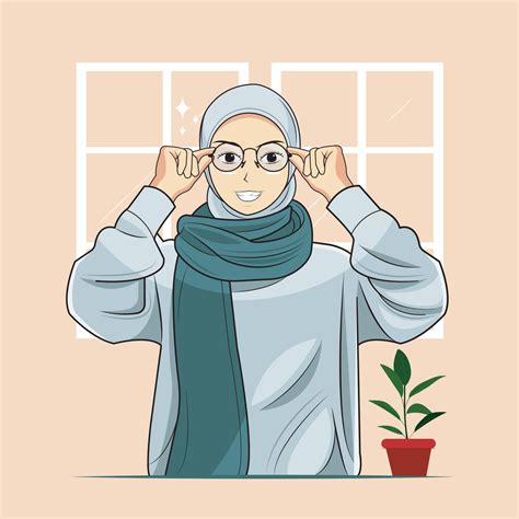 Hijab Young Girl Wearing A Sweater Is Holding Her Glasses Vector