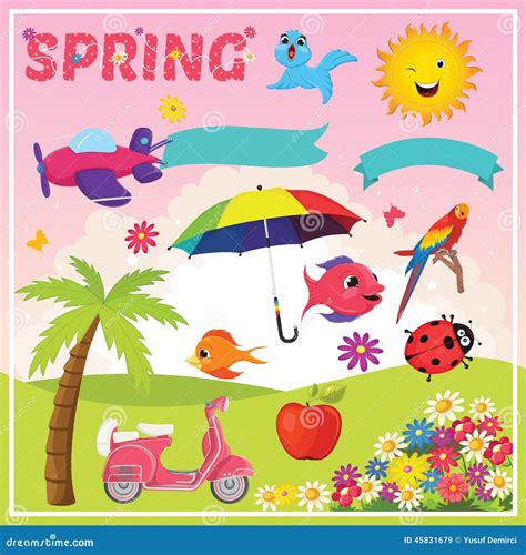 Sistema De Elementos Y De Ejemplos De La Primavera Ilustración Del