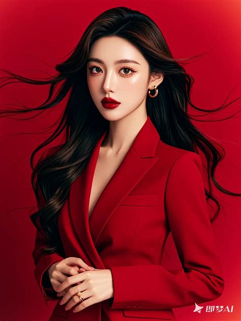 一个漂亮的女孩，皮肤白皙，杂志写真大片，炫彩光影，东方佳人，红色职业装，性感，前景虚化，红色层次感背景，完美的构图 1 花瓣网