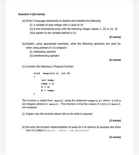 solved question 4 20 marks a write c language statements