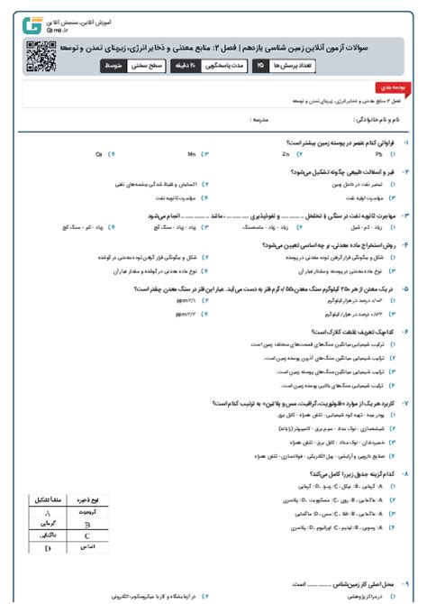 سوالات آزمون آنلاین زمین شناسی یازدهم فصل 2 منابع معدنی و ذخایر
