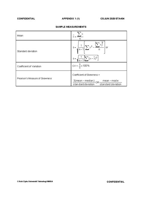 4 Appendix Formula Sample Measurements Mean N X X Standard Deviation