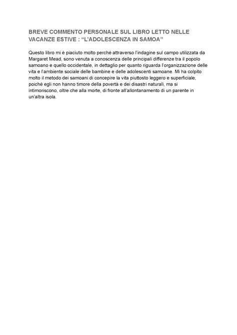 Commento Personale Sul Libro Ladolescenza In Samoa Sintesi Del